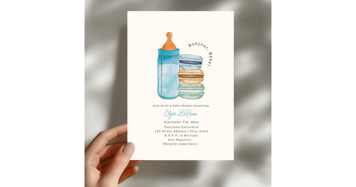 Bonjour Bébé Macarons & Milk Blue Baby Shower Invitation | Zazzle