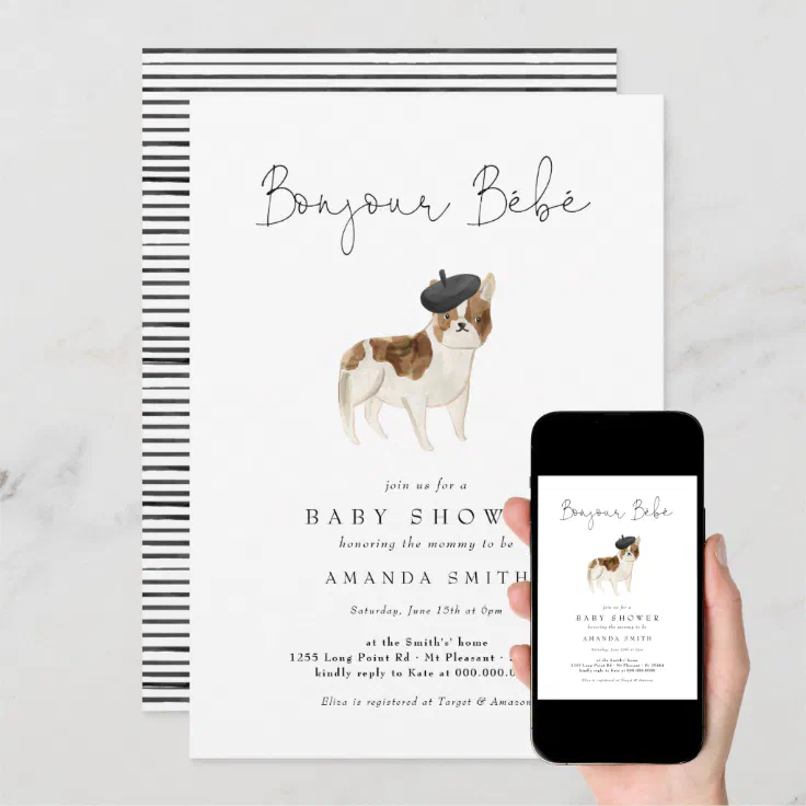 Bonjour Bebe Paris French Bulldog Baby Shower Invitation | Zazzle