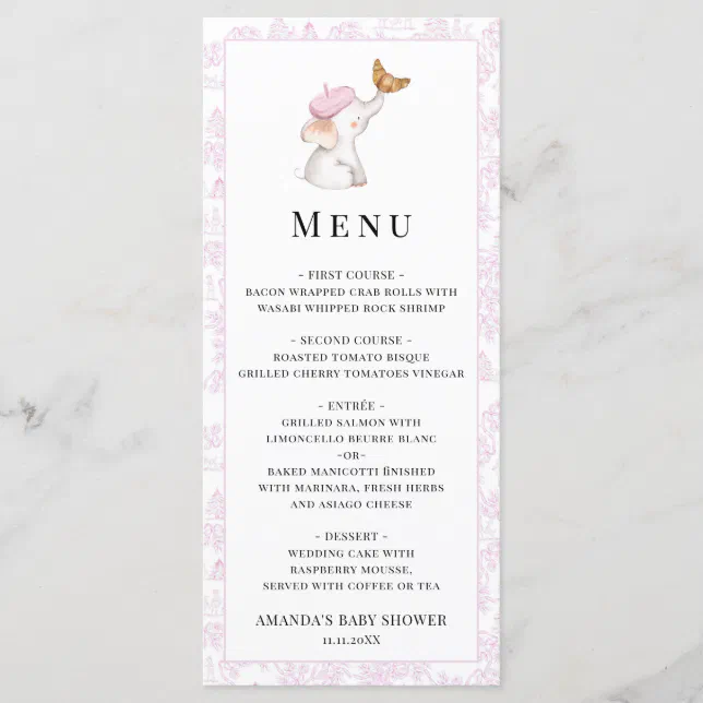 Bonjour Bebe Romantic French Girl Baby Shower Menu | Zazzle