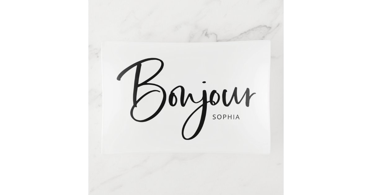 Bonjour | Elegant and Modern Black French Script Trinket Tray | Zazzle