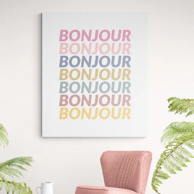 Bonjour French Hello Pastel Typography Artwork Faux Canvas Print | Zazzle