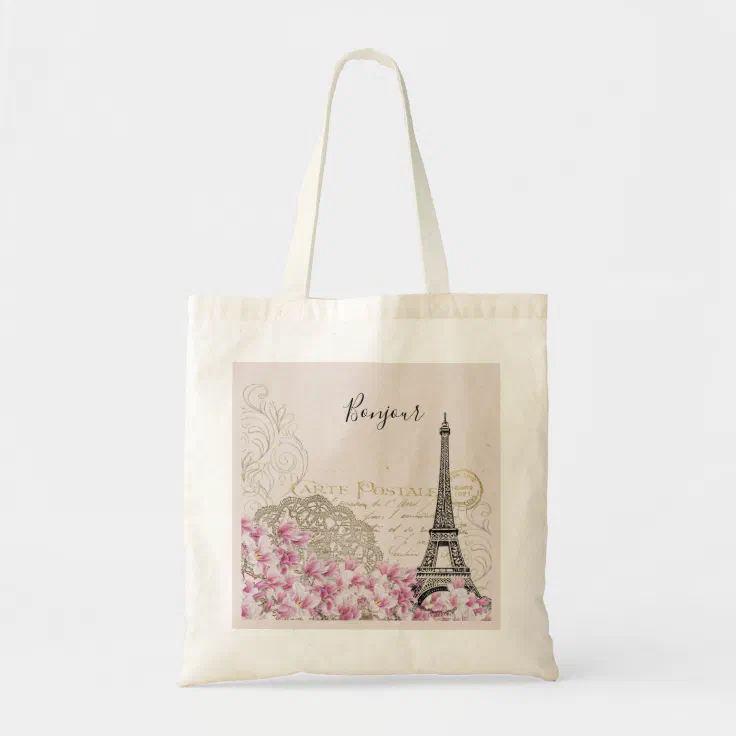 Bonjour Vintage Eiffel Tower & Pink Flowers Tote Bag | Zazzle