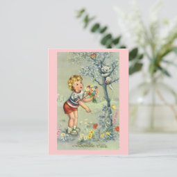 Bonne Fete, French card, Child with flowers Postcard | Zazzle