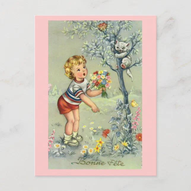 Bonne Fete, French card, Child with flowers Postcard | Zazzle