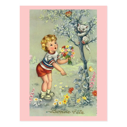 Bonne Fete, French card, Child with flowers Postcard | Zazzle.com
