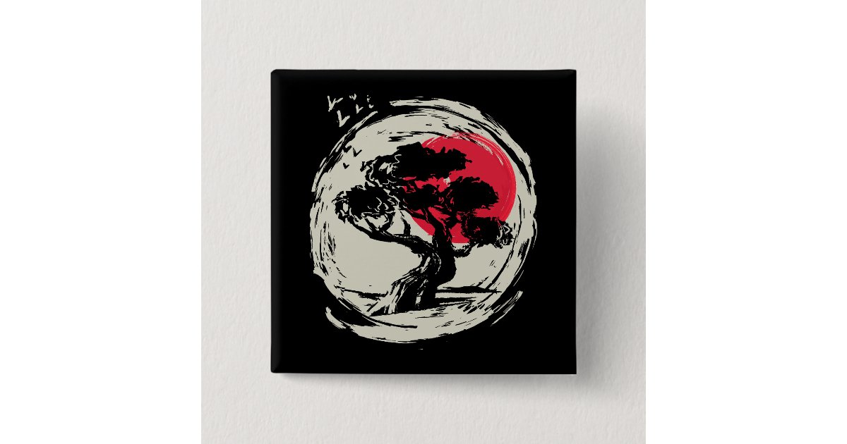 Bonsai Art Japanese Sunset Button | Zazzle