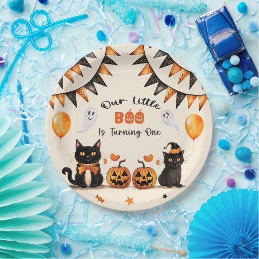 Boo Black Cat Halloween Party Is Turning One Paper Plates | Zazzle