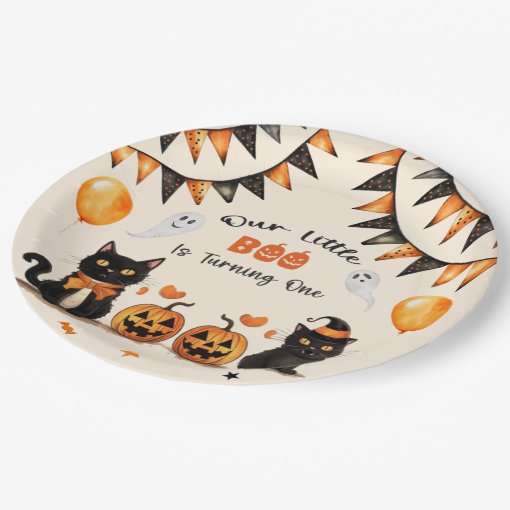 Boo Black Cat Halloween Party Is Turning One Paper Plates | Zazzle