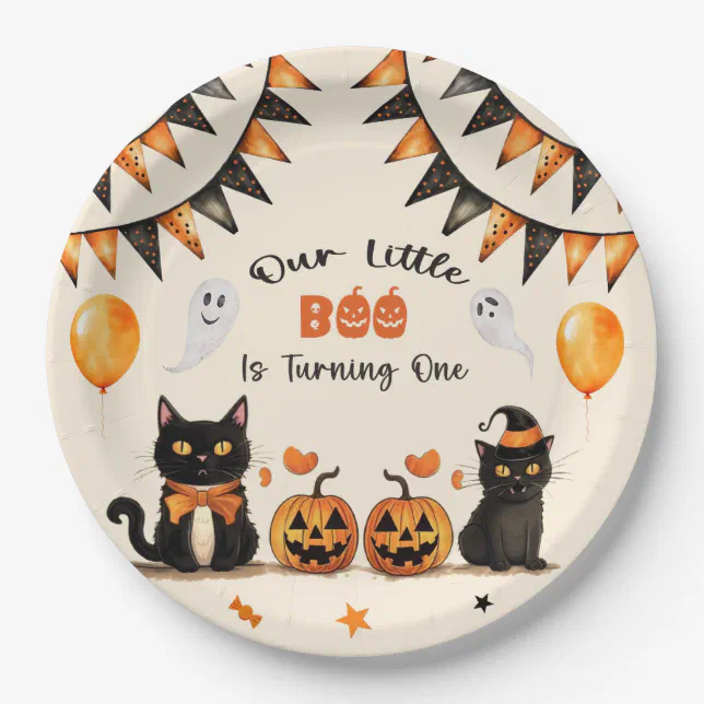 Boo Black Cat Halloween Party Is Turning One Paper Plates | Zazzle