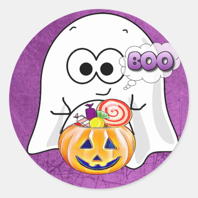 Boo Cute Black and Purple Ghost Halloween Stickers | Zazzle