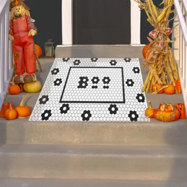 Boo Fun Halloween Hex Tile Design Black and White Doormat | Zazzle