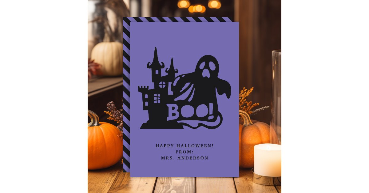 Boo Ghost Haunted House Halloween Classroom Card | Zazzle