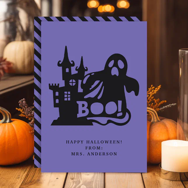 Boo Ghost Haunted House Halloween Classroom Card | Zazzle