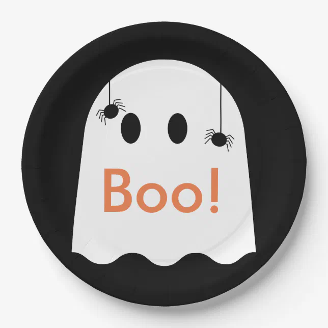 Boo! Halloween Ghost Cute Black Paper Plate | Zazzle
