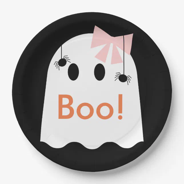 Boo! Halloween Ghost GIrl Cute Black Paper Plate | Zazzle