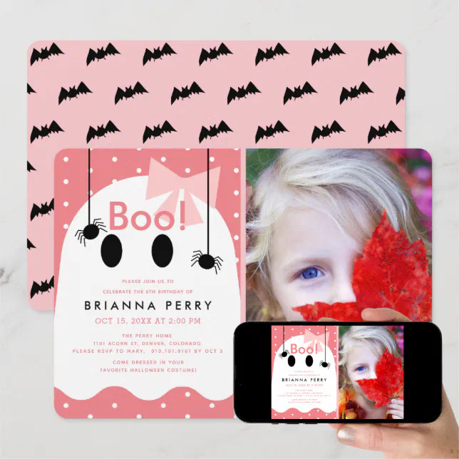Boo! Halloween Ghost Girl Pink Photo Birthday Invitation | Zazzle