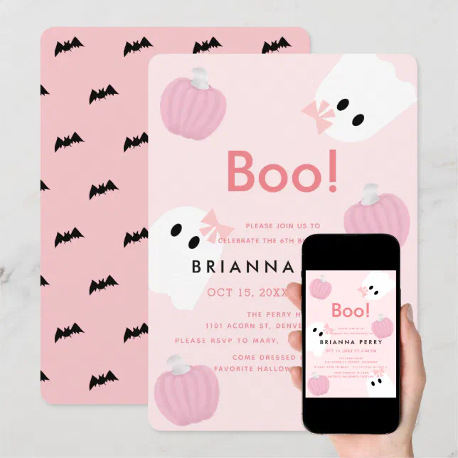 Boo! Halloween Ghost Girl Pumpkin Pink Birthday Invitation | Zazzle