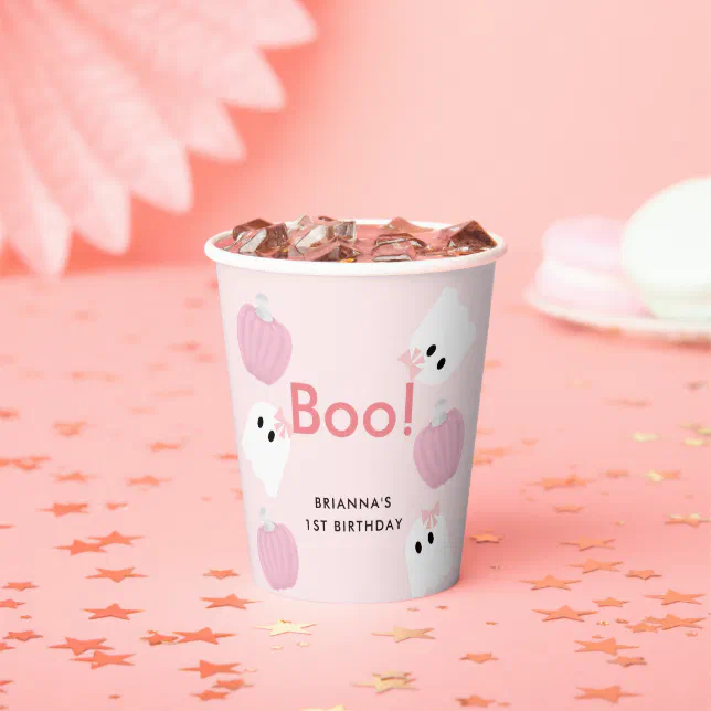 Boo! Halloween Ghost Girl Pumpkin Pink Birthday Paper Cups | Zazzle