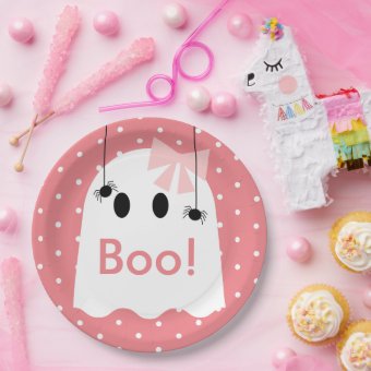 Boo! Halloween Ghost GIrl Ribbon Cute Pink Paper Plates | Zazzle