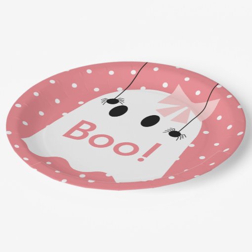 Boo! Halloween Ghost GIrl Ribbon Cute Pink Paper Plates | Zazzle
