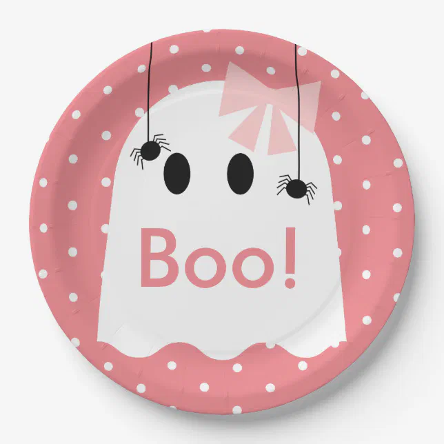 Boo! Halloween Ghost GIrl Ribbon Cute Pink Paper Plates | Zazzle