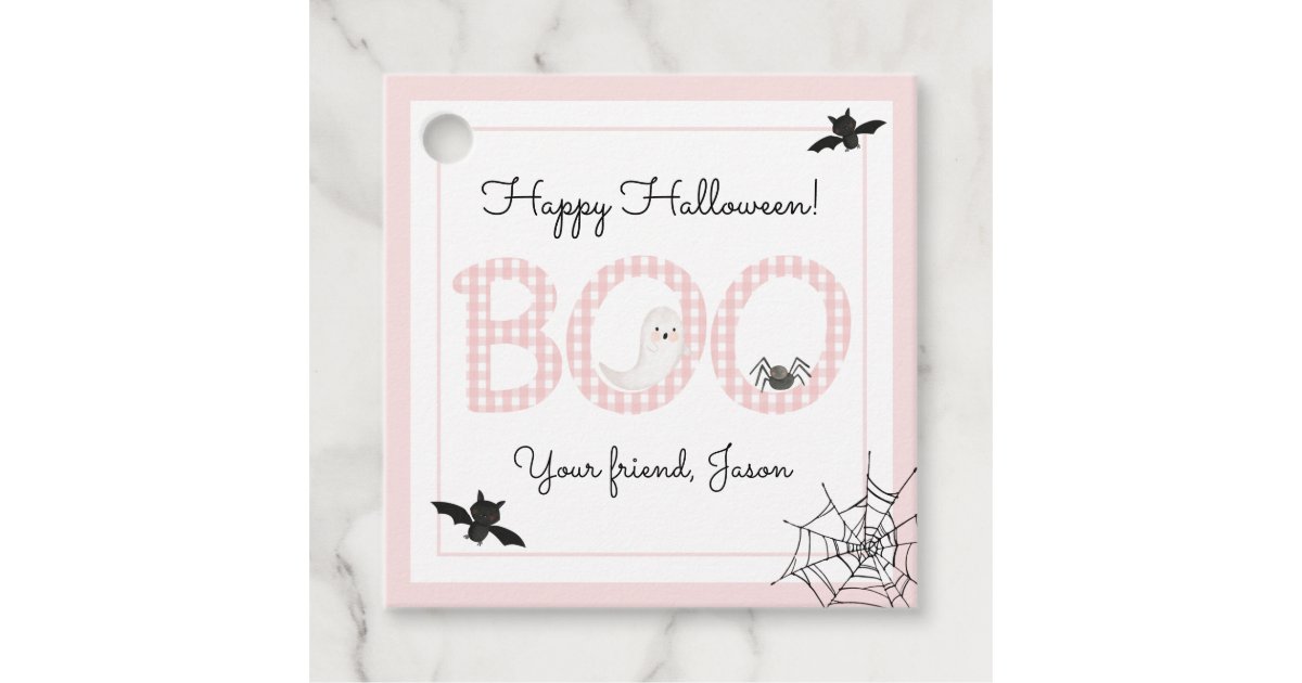 BOO Happy Halloween Gingham Pink Girl Spooky Favor Tags | Zazzle