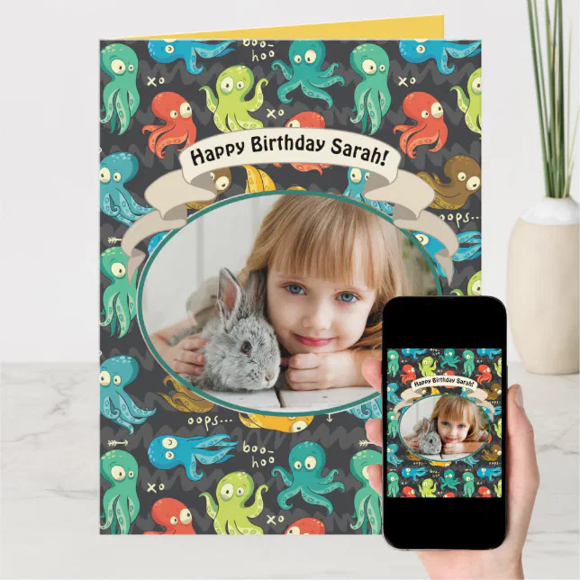 Boo Octopus Cute Multicolor Kids Birthday Card | Zazzle
