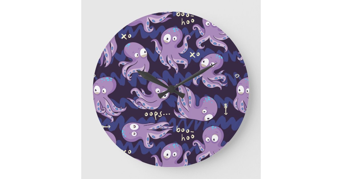 Boo Octopus Cute Purple Kids Clothing & Décor Large Clock | Zazzle