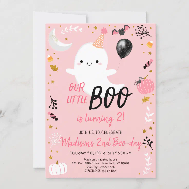 Boo Turning Two Pink Ghost Halloween Birthday Invitation | Zazzle