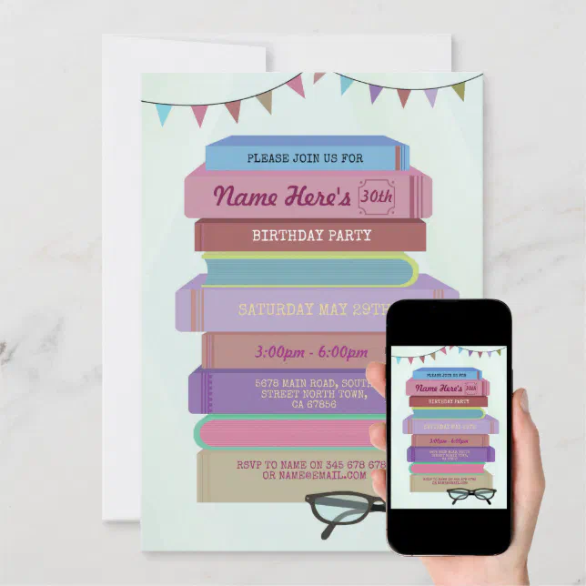 Book Birthday Library Invite Reading Pink Books | Zazzle