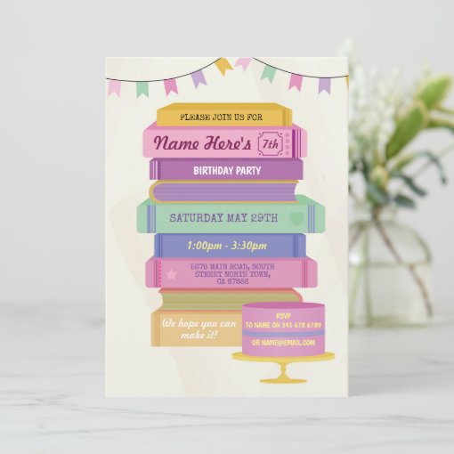 Book Birthday Library Invite Reading Pink Cake | Zazzle
