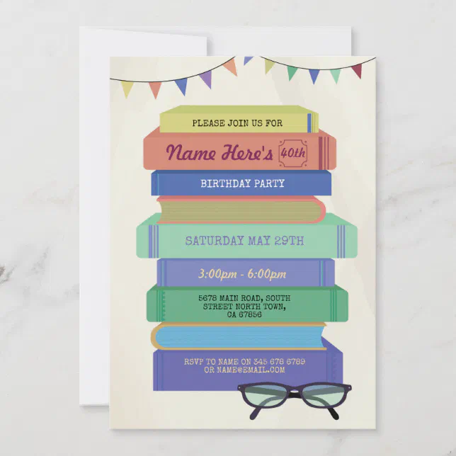 Book Birthday Library Invite Reading Stack | Zazzle