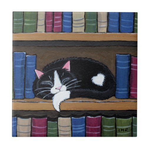 Book Love | Cat Sleeping on Bookcase Tile | Zazzle