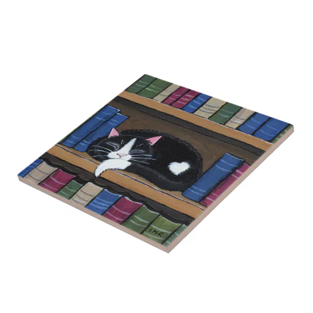 Book Love | Cat Sleeping on Bookcase Tile | Zazzle