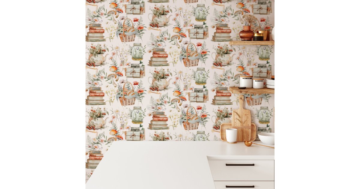 Book Mushroom Floral Whimsical Cottagecore Pattern Wallpaper | Zazzle