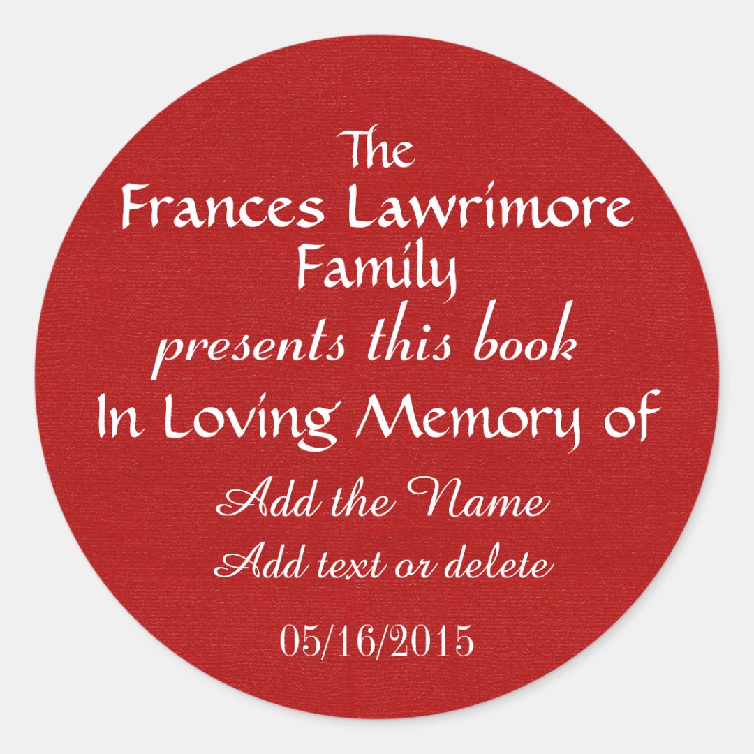 Book Plate In Memory Sticker | Zazzle