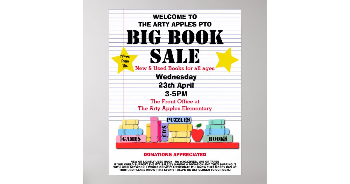 book sale PTA school fundraising poster | Zazzle