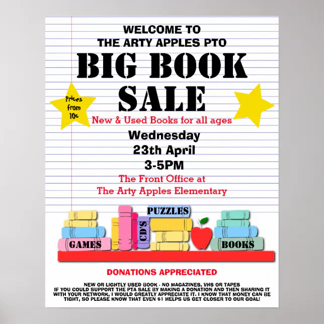 book sale PTA school fundraising poster | Zazzle