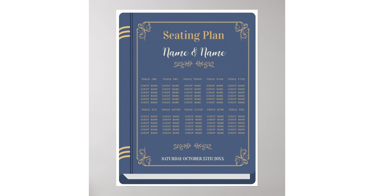 Book Table Seating Wedding Library Navy 10 Tables Poster | Zazzle
