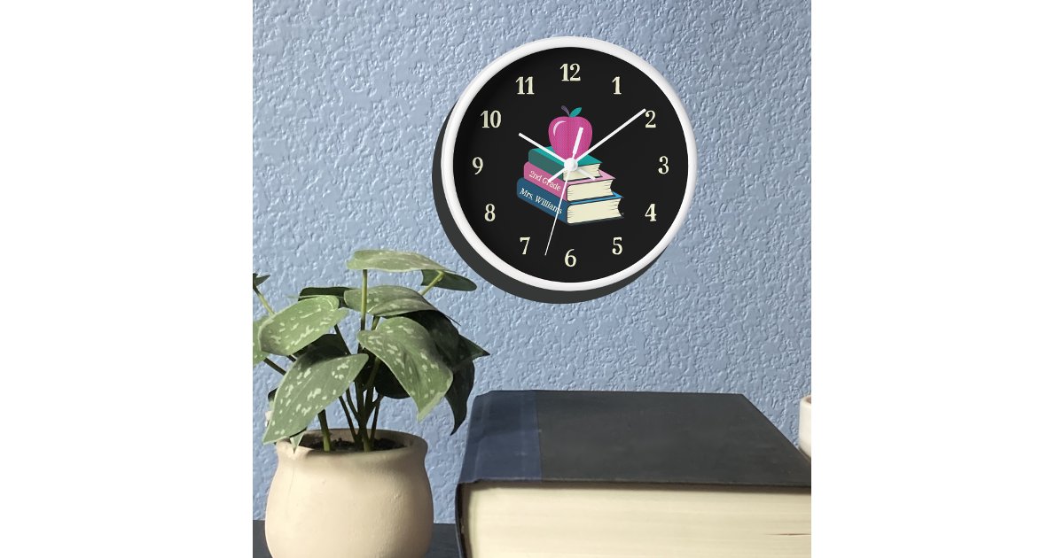 Books and Apple Personalized Classroom Wall Clock | Zazzle