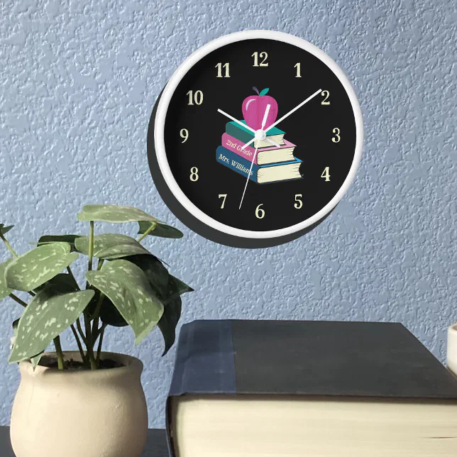 Books and Apple Personalized Classroom Wall Clock | Zazzle