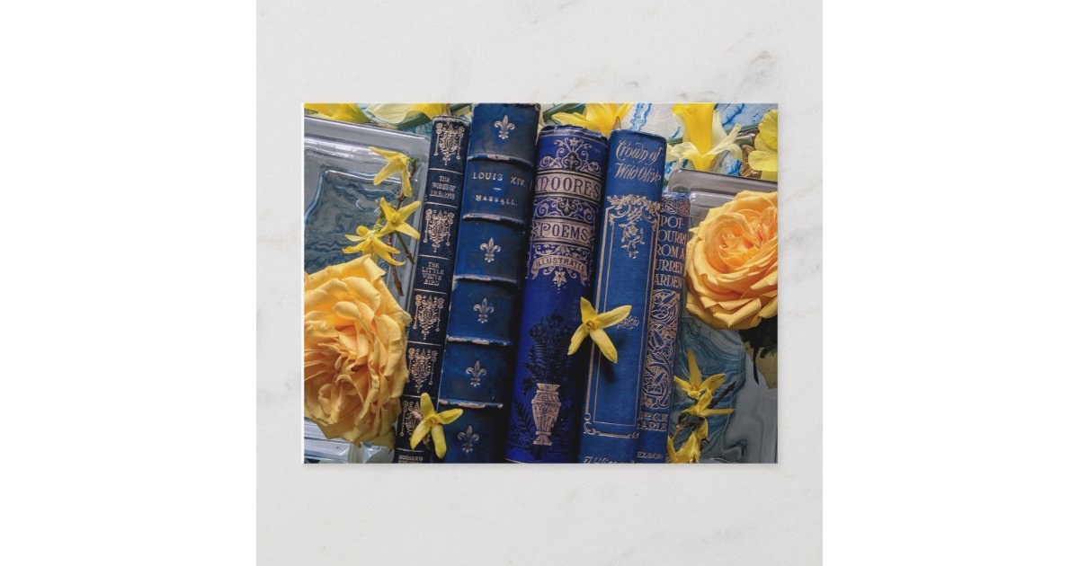 Books and Blossoms (Blue & Yellow) Postcard | Zazzle