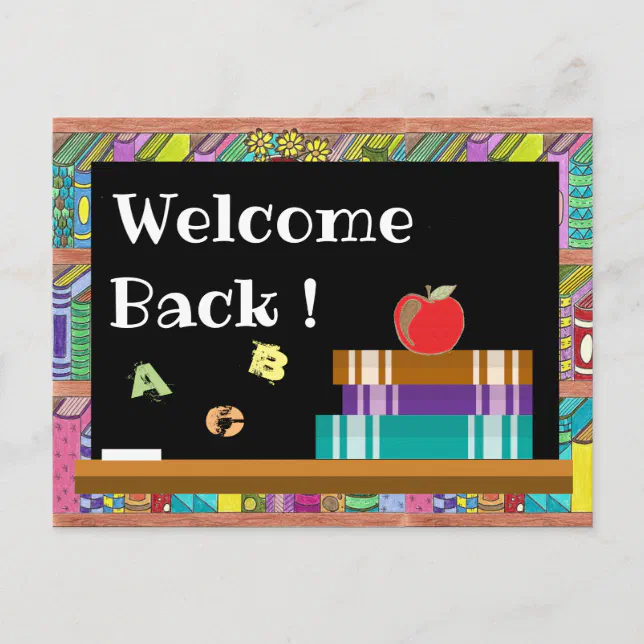 Books , chalkboard & apple back-to-school postcard | Zazzle