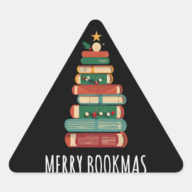 Books Christmas Tree Merry Bookmas Triangle Sticker | Zazzle