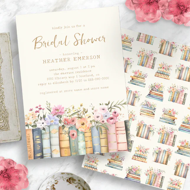 Books Floral Bridal Invitation | Zazzle