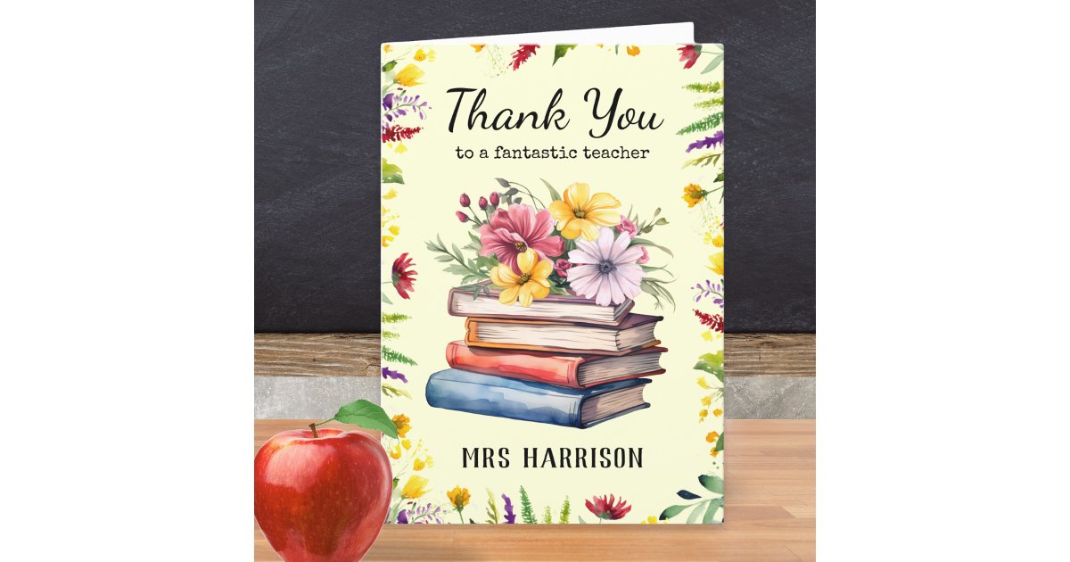 Books Flowers Pretty Personalized Teacher Thank You Card | Zazzle