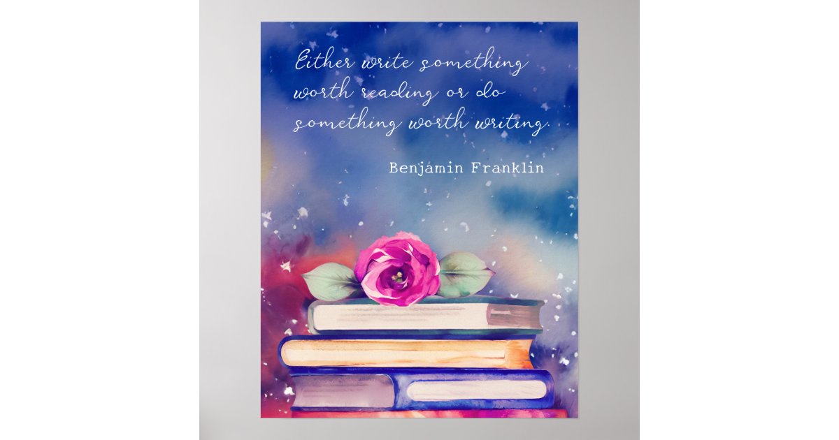 Books & Pink Flower Watercolor Script Custom Quote Poster | Zazzle