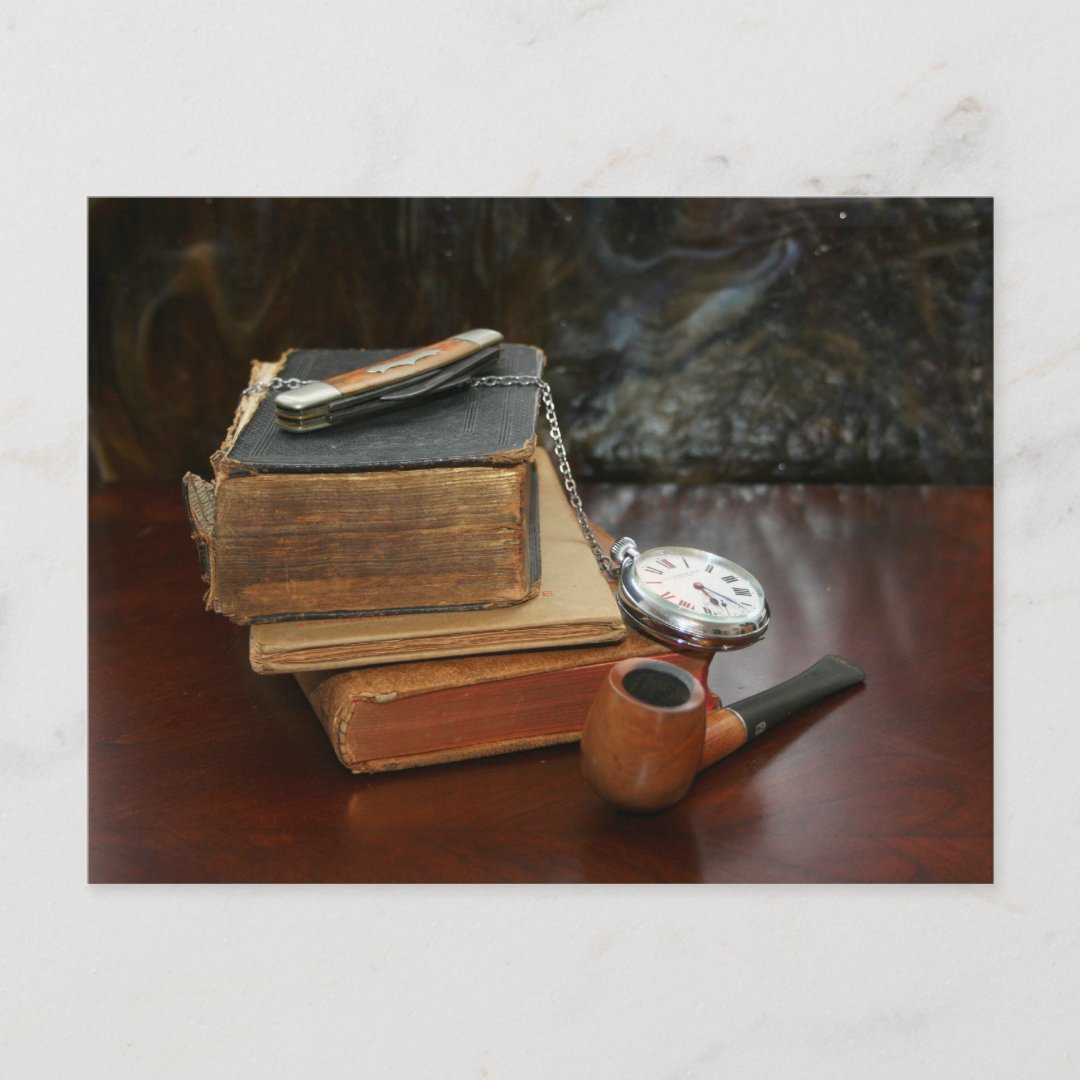 Books, Pipe, Pocket Watch and Knife Still Life Postcard | Zazzle