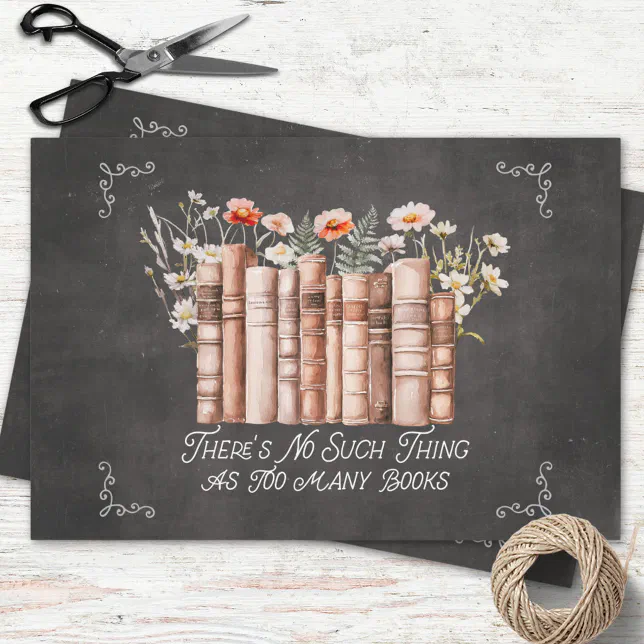 Books with Flowers and Quote on Black Decoupage Wrapping Paper Sheets ...