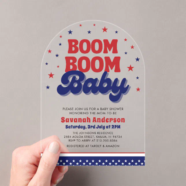 Boom Boom Baby 4th July Patriotic Baby Shower Acrylic Invitations | Zazzle